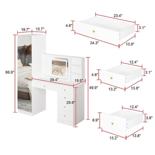 All-in-One Vanity with Light Mirror and Wardrobe Bedroom Dresser - Bed ...
