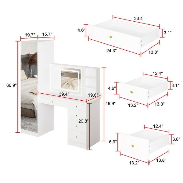 Modern Makeup Vanity w/Lighted Mirror and Functional Wardrobe Dressing ...
