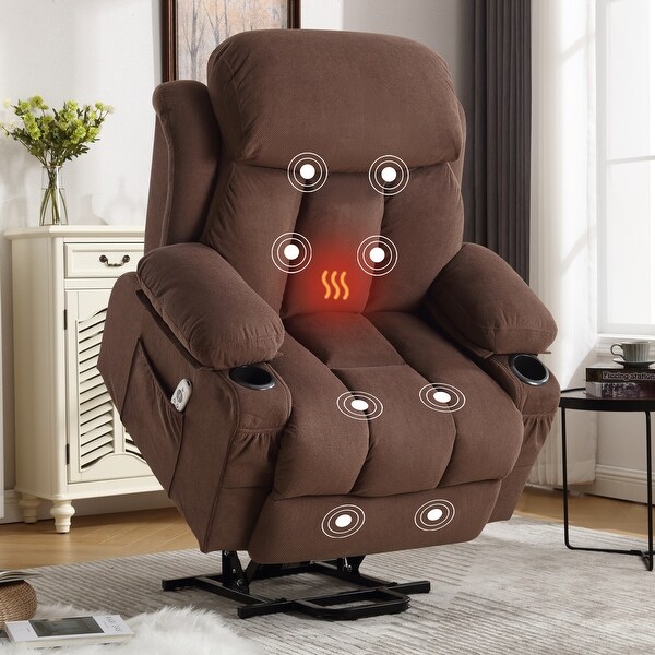 Brown Fabric Power Lift Recliner Chair with Heat Massage USB Port Cup Holders and Side Pockets for Elderly On Sale Bed Bath Beyond 41140657