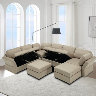 Sofa Set with Storage Seats, Multi-seat Sofa with Ottoman, Beige - Bed ...