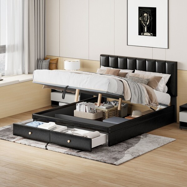 Queen Size Lift Up Storage Bed PU Upholstered Platform Bed Frame with Hydraulic Storage System 2 Drawers Wooden Slat Support Black