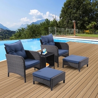 5-Piece Peacock Blue Rattan Patio Furniture Set with Ottomans and Glass ...