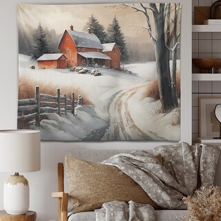 Designart 'Red Barn Scenery In Winter III' Barn Landscape Wall Tapestry ...