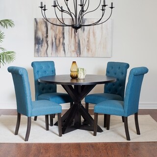 5-Piece Round Dining Set - Cross-Buck Pedestal Table & Button-Tufted ...