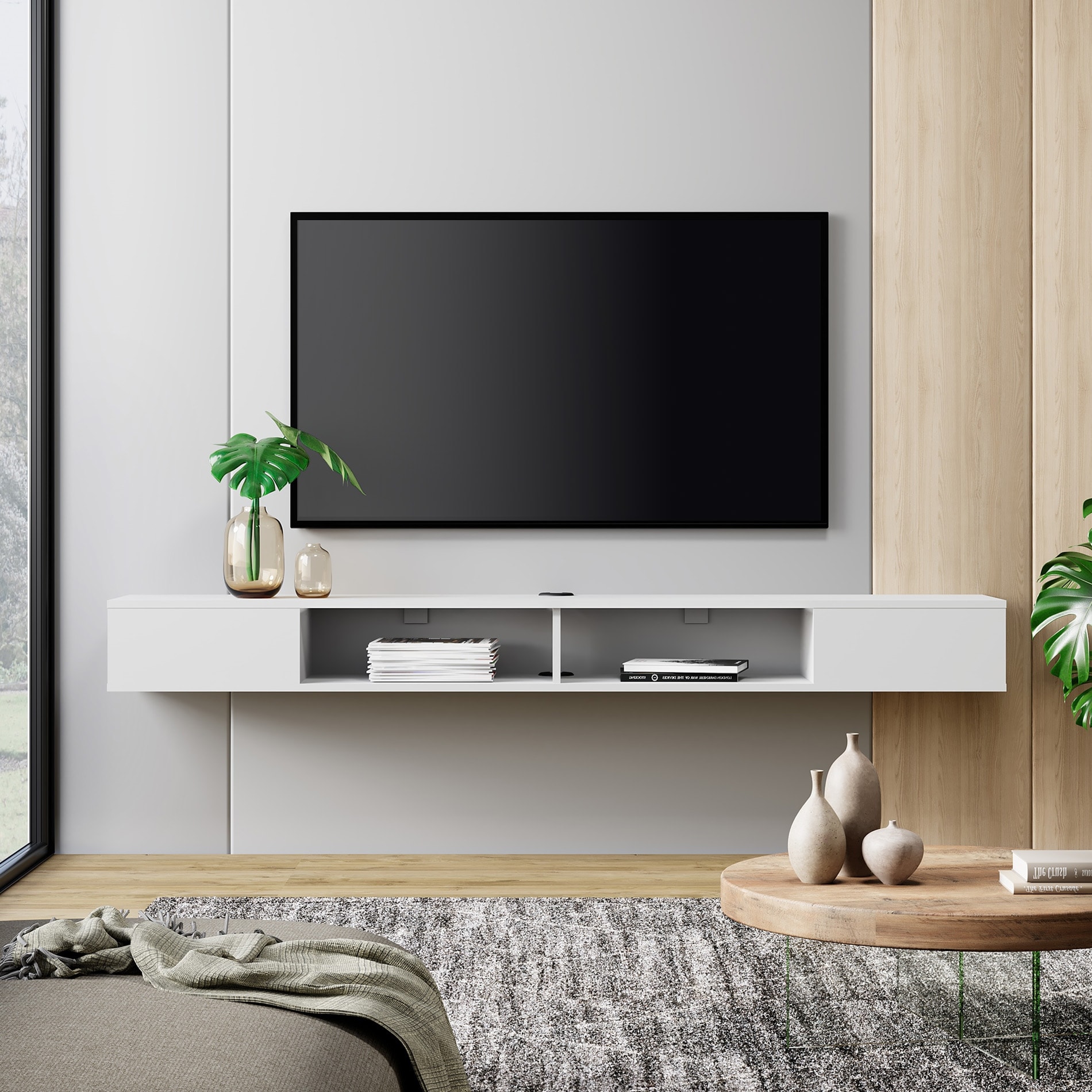 WAMPAT 70 Inch Floating TV Shelf With LED Lights Floating TV Stand Under TV Media Console for Living Room 70 inch