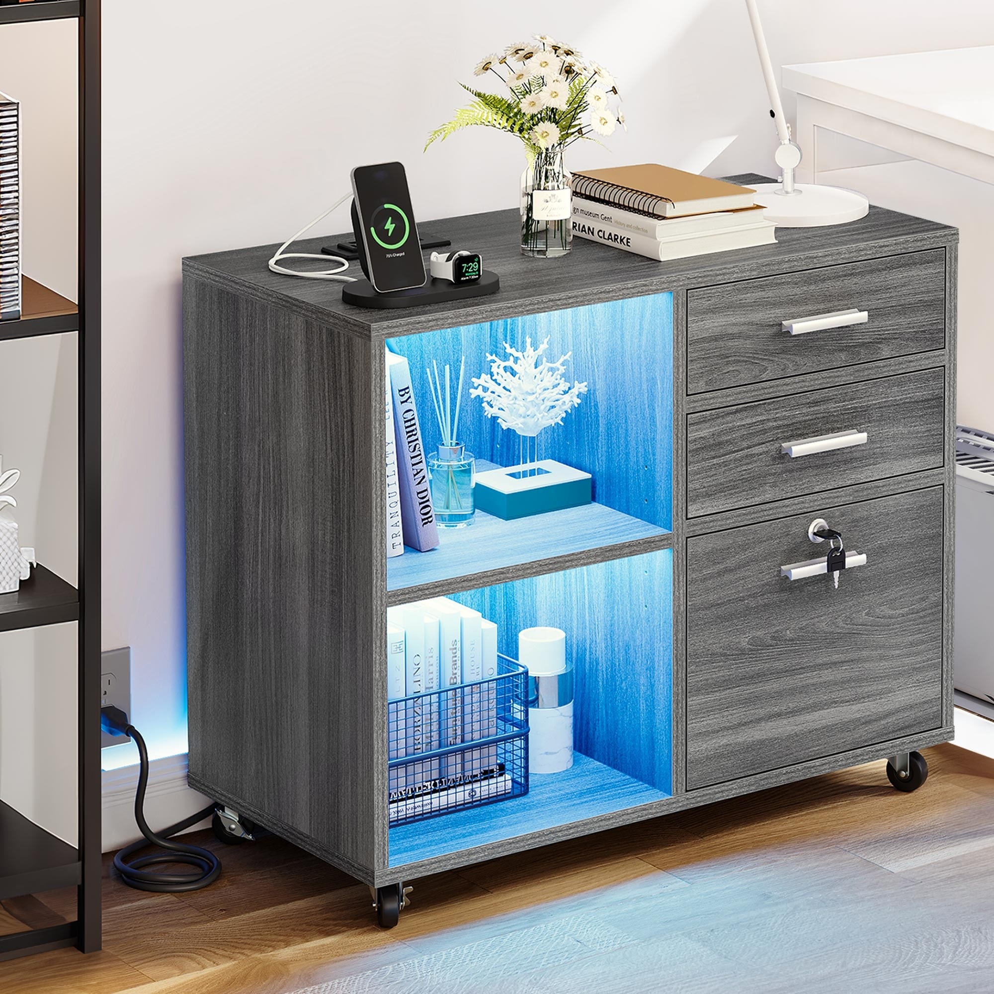 Moasis 3-Drawer Mobile File Cabinet with Lock and Charging Station ...