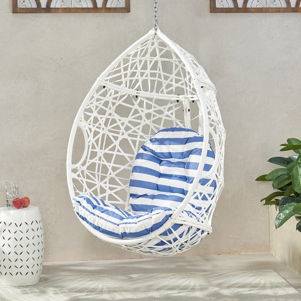Elegant White Wicker Egg Chair with Blue Striped Cushion for Outdoor ...