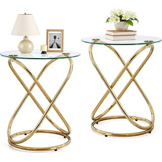Set of 2 Round Glass Gold Side Tables with Metal Frame for Living Room ...