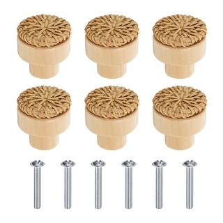 6pcs Rattan Knobs Round Wooden Dressers Knob with Screws Wood Color ...