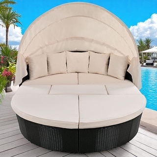 Outdoor Round Wicker Daybed with Canopy,Patio Sofa Set with Cushions ...