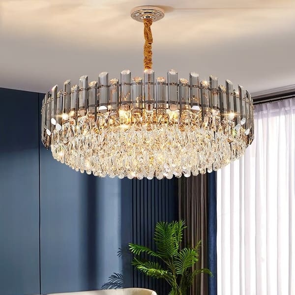 32 Inch Round Smoked Grey Crystal Drop Chandelier - 32" - Bed Bath ...