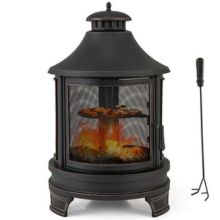 Gymax 30 Inch Outdoor Fire Pit Chiminea w/ Grill Chimney Spark Screen ...