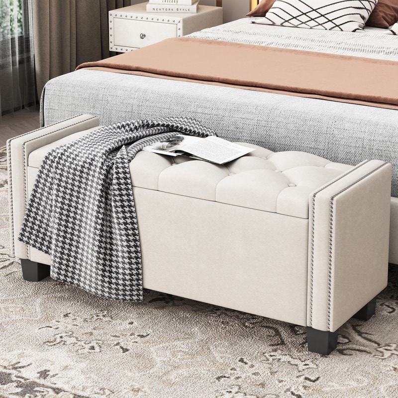 Modern Velvet Upholstered Storage Bench for Bedroom Ottoman End of Bed Bench with Rivet Design