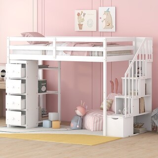 White Twin Loft Bed with Storage Drawers, Shelves, and Stairs - Bed ...