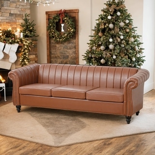 Traditional Rolled Arm Chesterfield Sofa PU Leather Three Seater Sofa ...