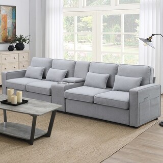Light Gray Modern Linen Upholstered Sofa, Storageable Coffee Table ...