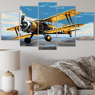 Designart "Yellow Airoplane Over The Lake" Transportation Multipanel ...