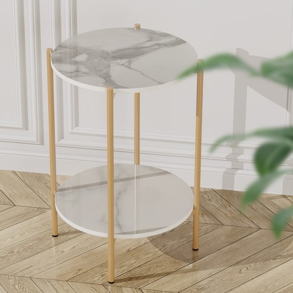 2 Shelves Sintered Stone Round Side Table Sofa End Table - Bed Bath ...