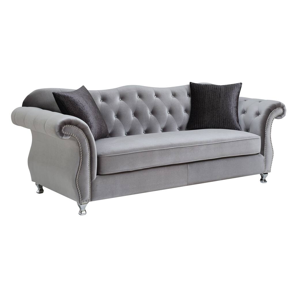 Glamorous Sofa With Crystal Button Tufting, Silver - Overstock - 20978041