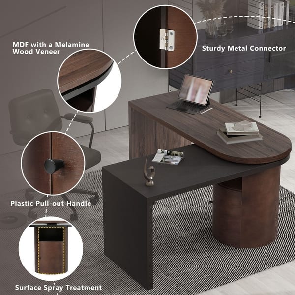 88.9" Modern Walnut 360° Rotating L Shaped Desk with 1 Cabinet and Open ...