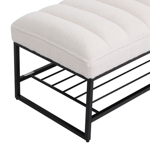 Channel Tufted Bench with Metal Shelf White Sherpa Upholstered Benches ...