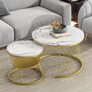 Set of 2 Nesting Coffee Table with Marble Grain Table Top,Golden Iron ...