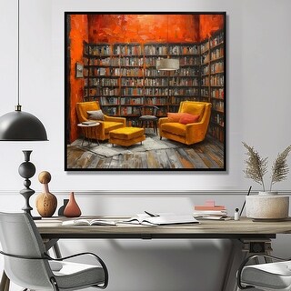 Designart "Yellow Cozy Library Bookshelves Bliss" Libraries Framed Wall ...