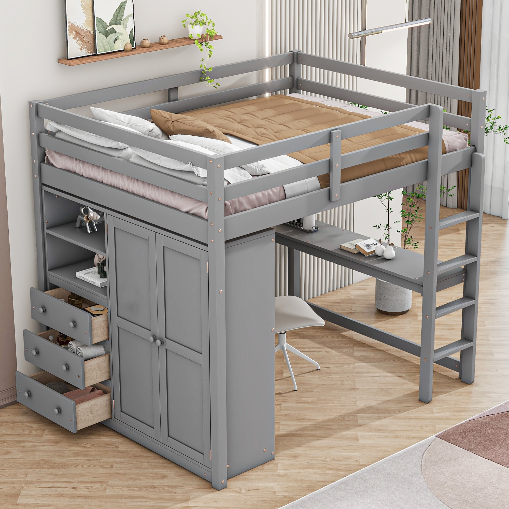 Full Size Wood Loft Bed with Built-in Desk,Wardrobe,Storage Shelves and Drawers - Bed Bath ...