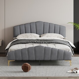 Queen Size Velvet Stripe Platform Bed Frame with Metal Beds Leg, Grey ...