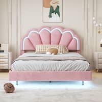 Pink Modern Full Size Smart LED Bed Frame, Floating Velvet Platform Bed ...