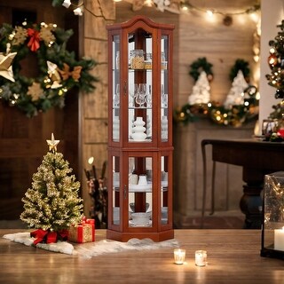 Walnut Corner Curio Cabinet with Lights, Adjustable Glass Shelves ...