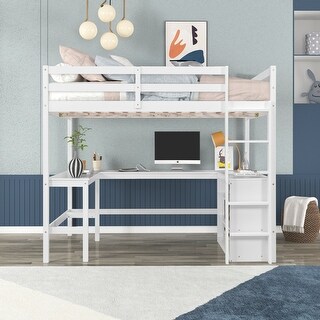 Wooden Full Loft Bed with Desk, Shelves, and Under-Bed Storage,White ...