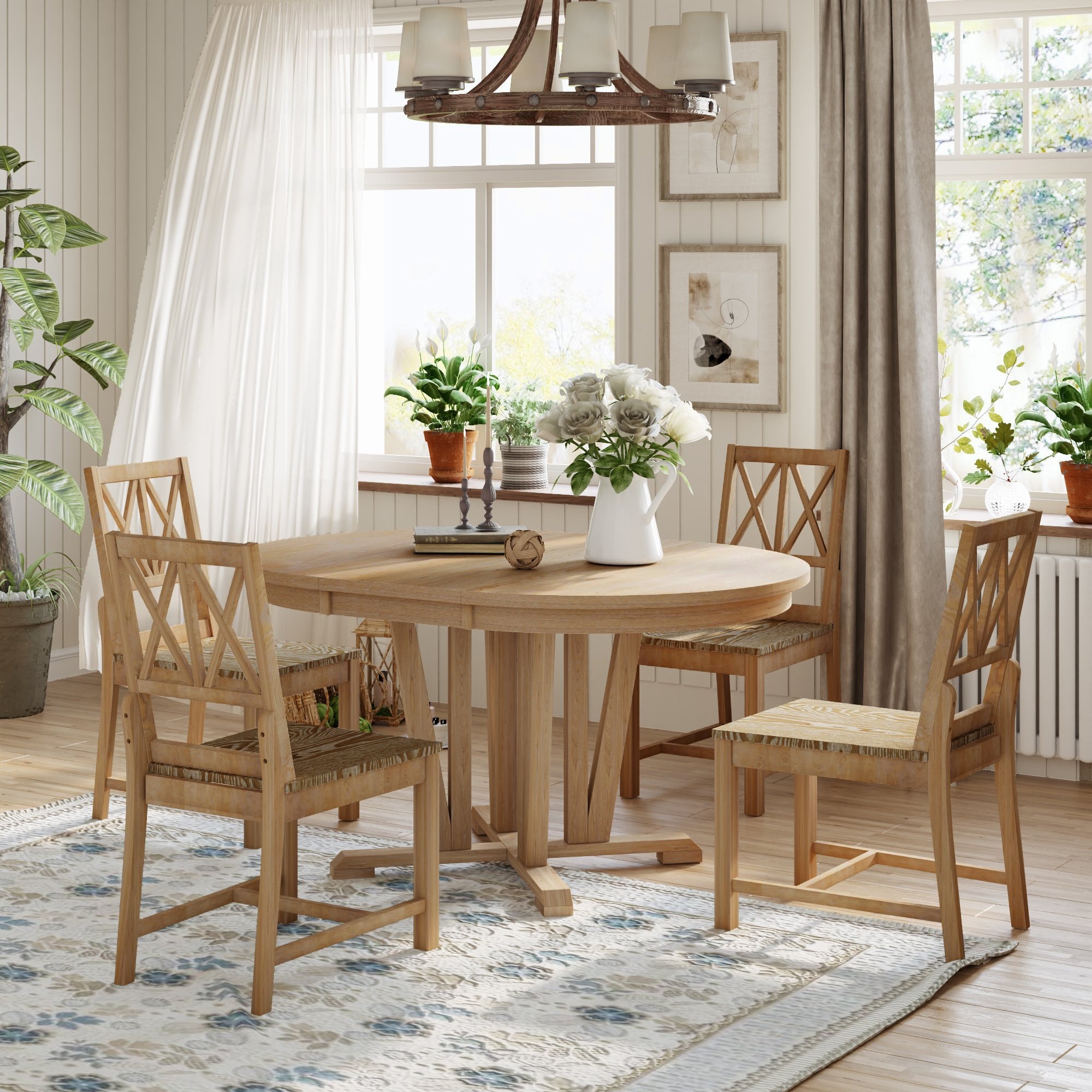 5 Piece Natural Wood Round Extendable Dining Table Set with 4 Chairs Bed Bath Beyond 40816321