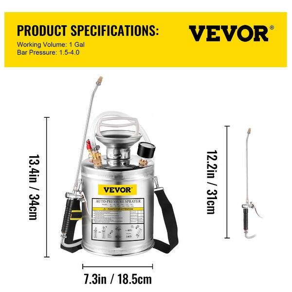 VEVOR 1-2 Gal. Stainless Steel Tank Sprayer Metal Pump Sprayer with ...