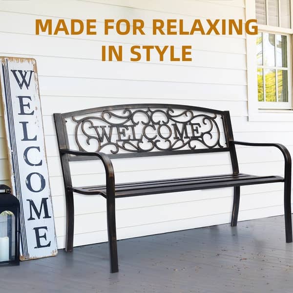 Welcome Metal Park Patio Bench, Outdoor Bench in Black for Porch, Lawn ...
