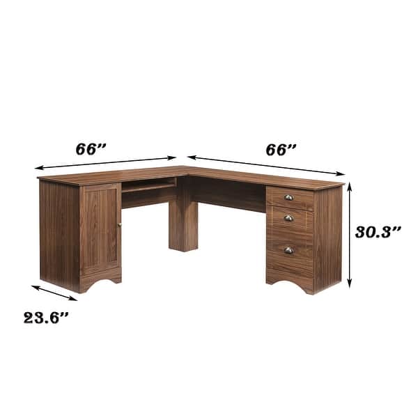 Nestfair Walnut L-Shaped Desk with 3-Drawers and Storage Space Shelves ...