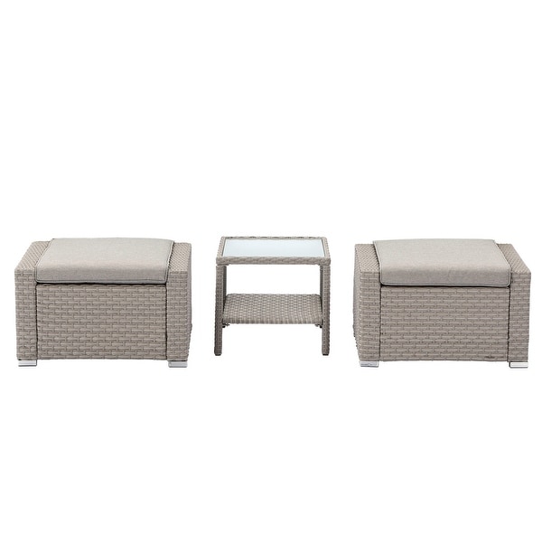 COSIEST Wicker Outdoor Ottomans with Side Table Set of 2 Grey