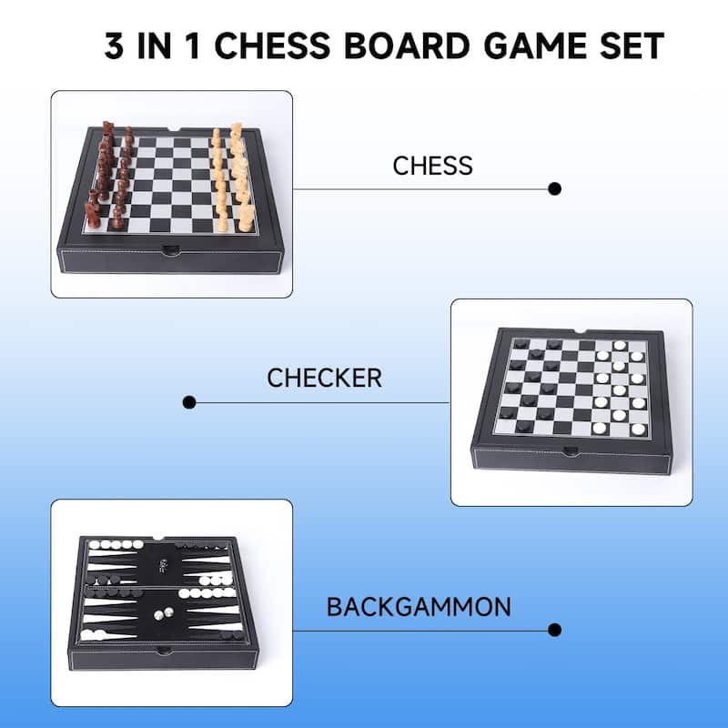 GSE™ 12.5" Premium Leather 3-in-1 Chess, Checker and Backgammon Board ...