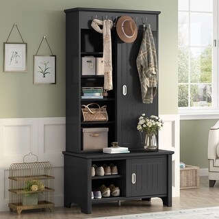 Black Modern Entryway Sliding Door Hall Tree with Storage Shoe Bench ...