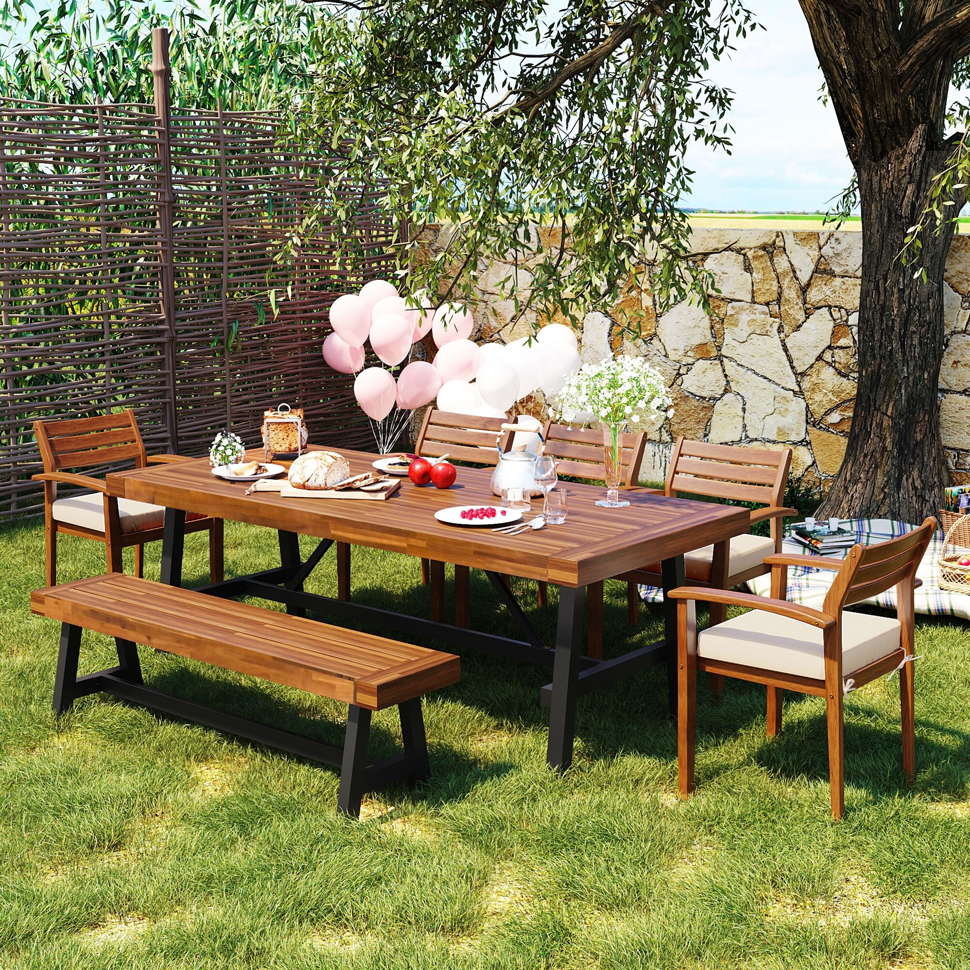 Roomfitters GO Outdoor Wood Dining Set For 7 8 Person Outdoor Dining Furniture With Removable Cushions Bed Bath Beyond 40644237