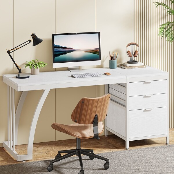 59 inch Reversible Computer Desk with 3 Drawer Cabinet Industrial Study Writing Table Workstation for Home Office Bedroom On Sale Bed Bath Beyond 39570745