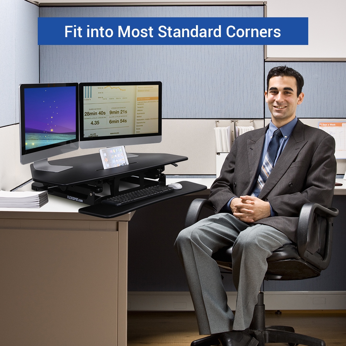 FlexiSpot M4B Adjustable Standing Desk 41 Cubicles Corner Desk Riser with Quick Release Keyboard Tray M4W Corner White