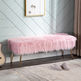 Faux Fur Plush Ottoman Bench Fluffy Upholstered Bench Entryway Pink ...