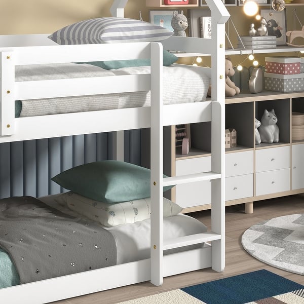 White Twin over Twin Low Loft Bunk Roof Bed w/ Guardrail and Ladder ...