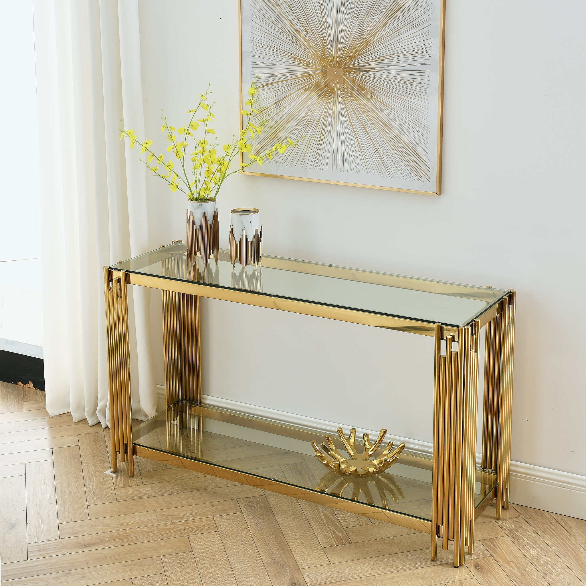 55 Tempered Glass Console Table Living Room Gold Sofa Side Table On Sale Bed Bath Beyond 39494881