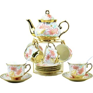20 Pieces Porcelain Chinese Tea Set With Holder and Painting,White - N ...