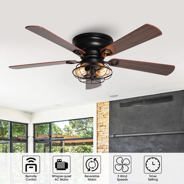 Industrial 48-in Wood 5-Blade Flush Mount Black Low Profile Ceiling Fan ...