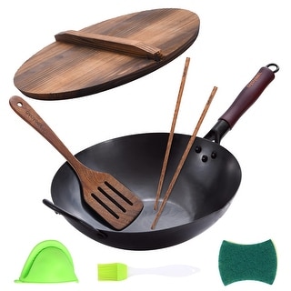 Carbon Steel Wok Pan with Lid, Chinese Flat Bottom Woks and Stir Fry ...