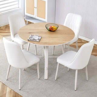 Round Dining Kitchen Table and 4 Leather Upholstered Chairs Set for 4 ...