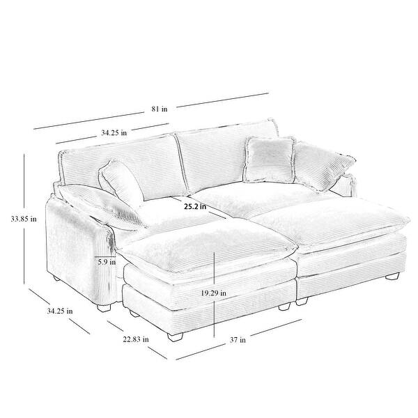 81" Corduroy Modular Sectional Sofa with 2 Ottoman Footrests (2-Seater ...